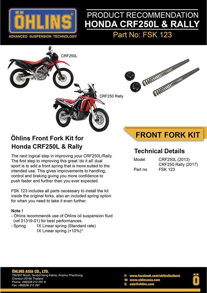สปริงโช๊คหน้า OHLINS Front Fork Spring Kit CRF250L'13>,Rally'17> FSK123 ...